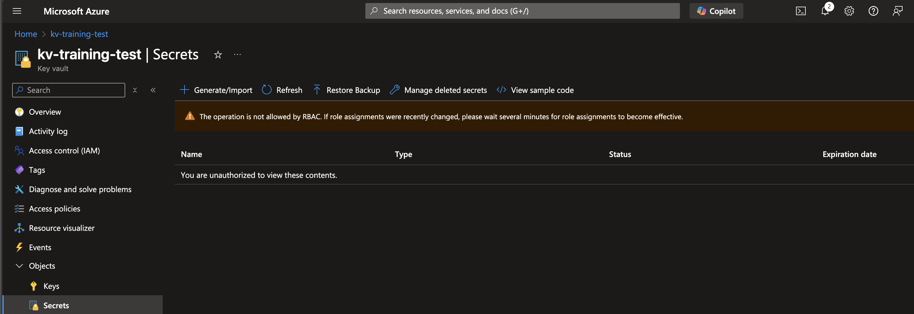 Fix - Azure Key Vault Secrets - The operation is not allowed by RBAC | Dewiride Developer Blogs